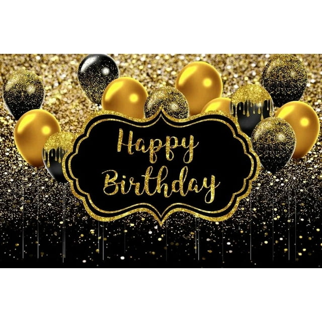 Happy Birthday Backdrop Glitter Black Gold Bokeh Balloons Sparkle Spots Heart Women Girl ...