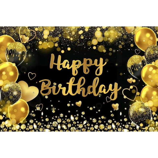 Happy Birthday Backdrop Glitter Black Gold Bokeh Balloons Sparkle Spots Heart Women Girl ...