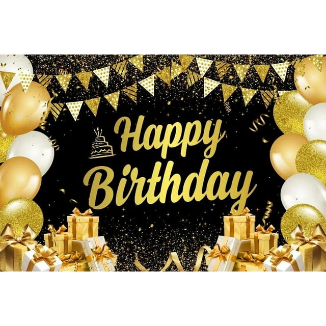Happy Birthday Backdrop Glitter Black Gold Bokeh Balloons Sparkle Spots Heart Women Girl ...