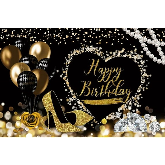 Happy Birthday Backdrop Gold Balloons High Heels Diamonds Party Decor ...