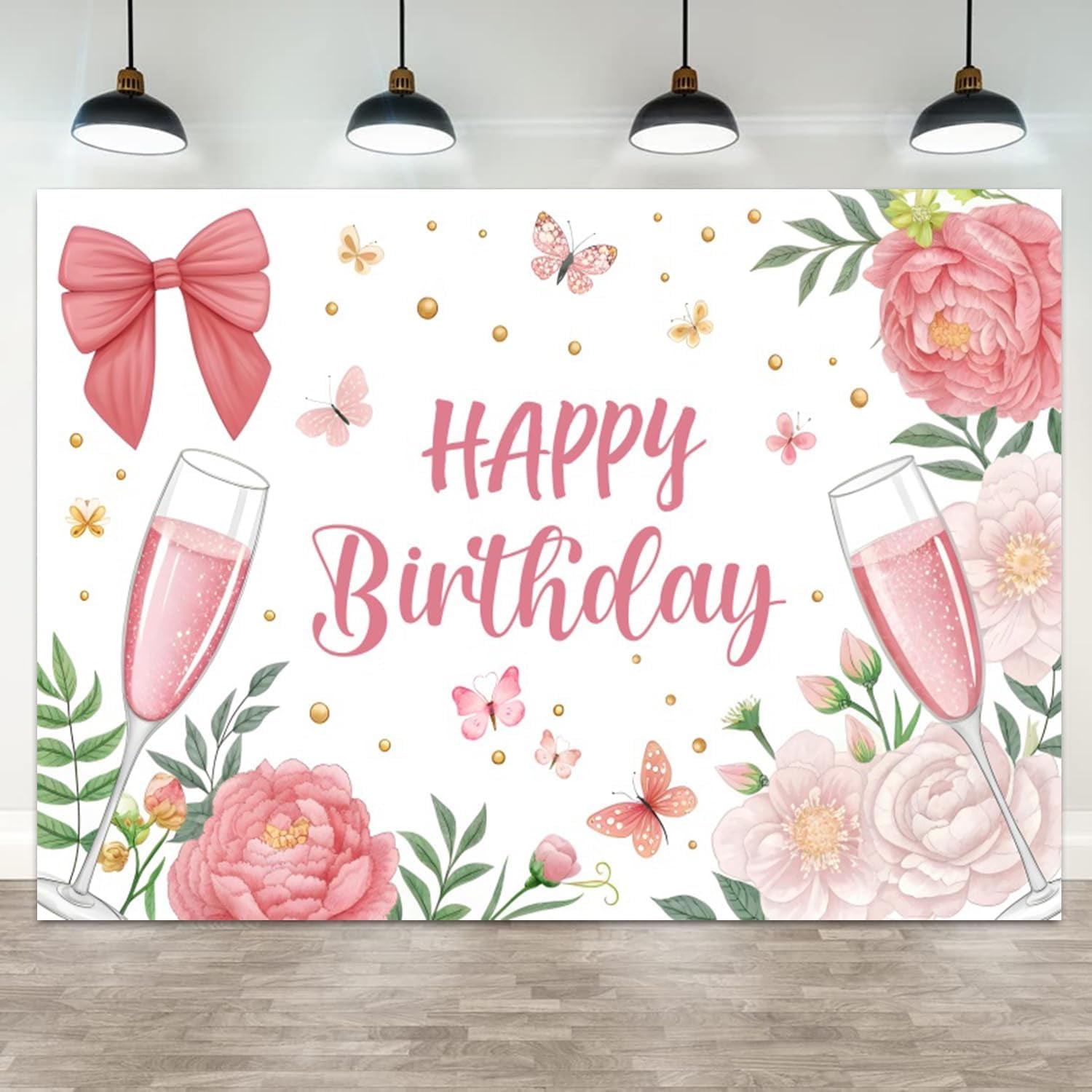 Happy Birthday Backdrop Gold Butterflies Pink Bow Floral Photography ...