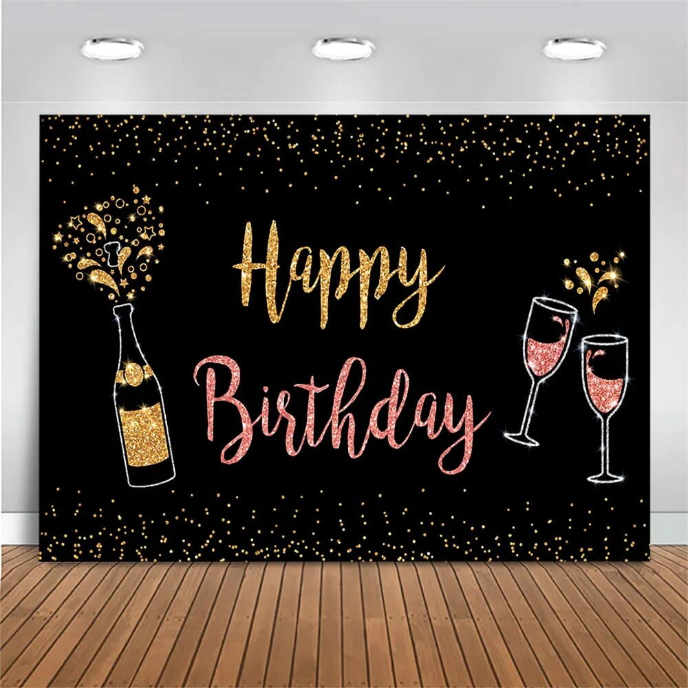 Happy Birthday Backdrop Gold Pink Glitter Champagne Wine Glass ...