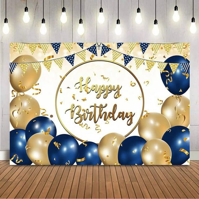 Happy Birthday Backdrop Gold and Blue Balloons Background for Photo ...