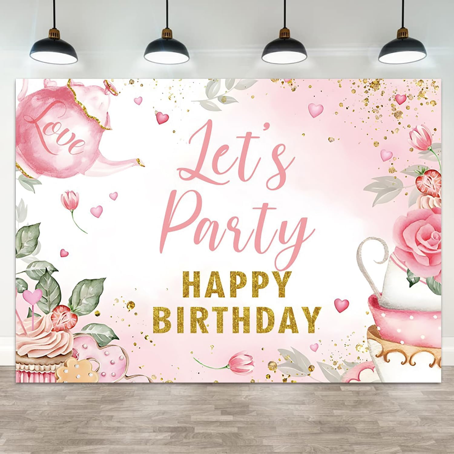 Happy Birthday Backdrop Let's Party Photography Background Pink Flower ...