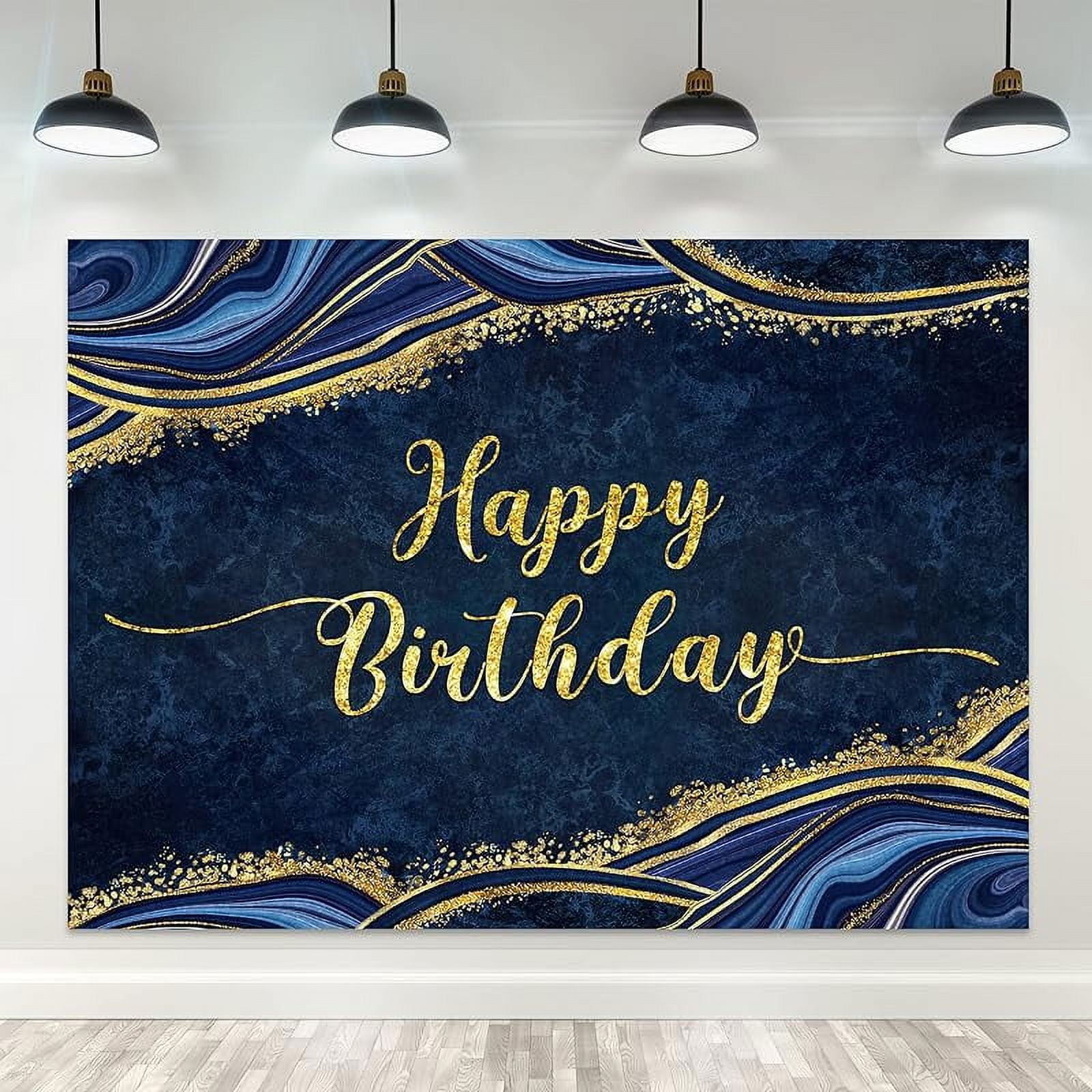Happy Birthday Backdrop for Men Navy Blue Abstract Fluid Marble Golden ...
