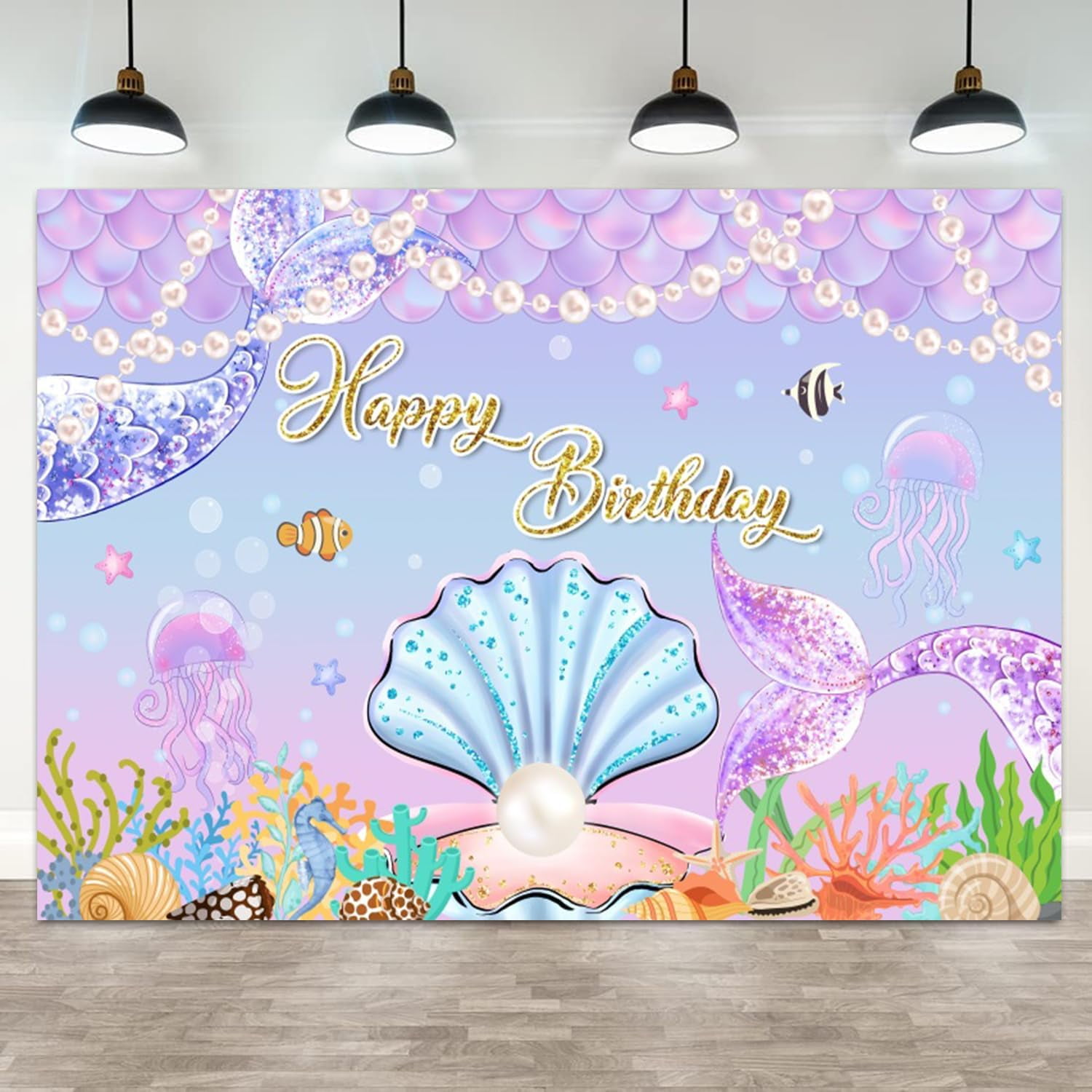 Happy Birthday Backdrop Mermaid Seashell Pearl Ocean Theme Photography ...