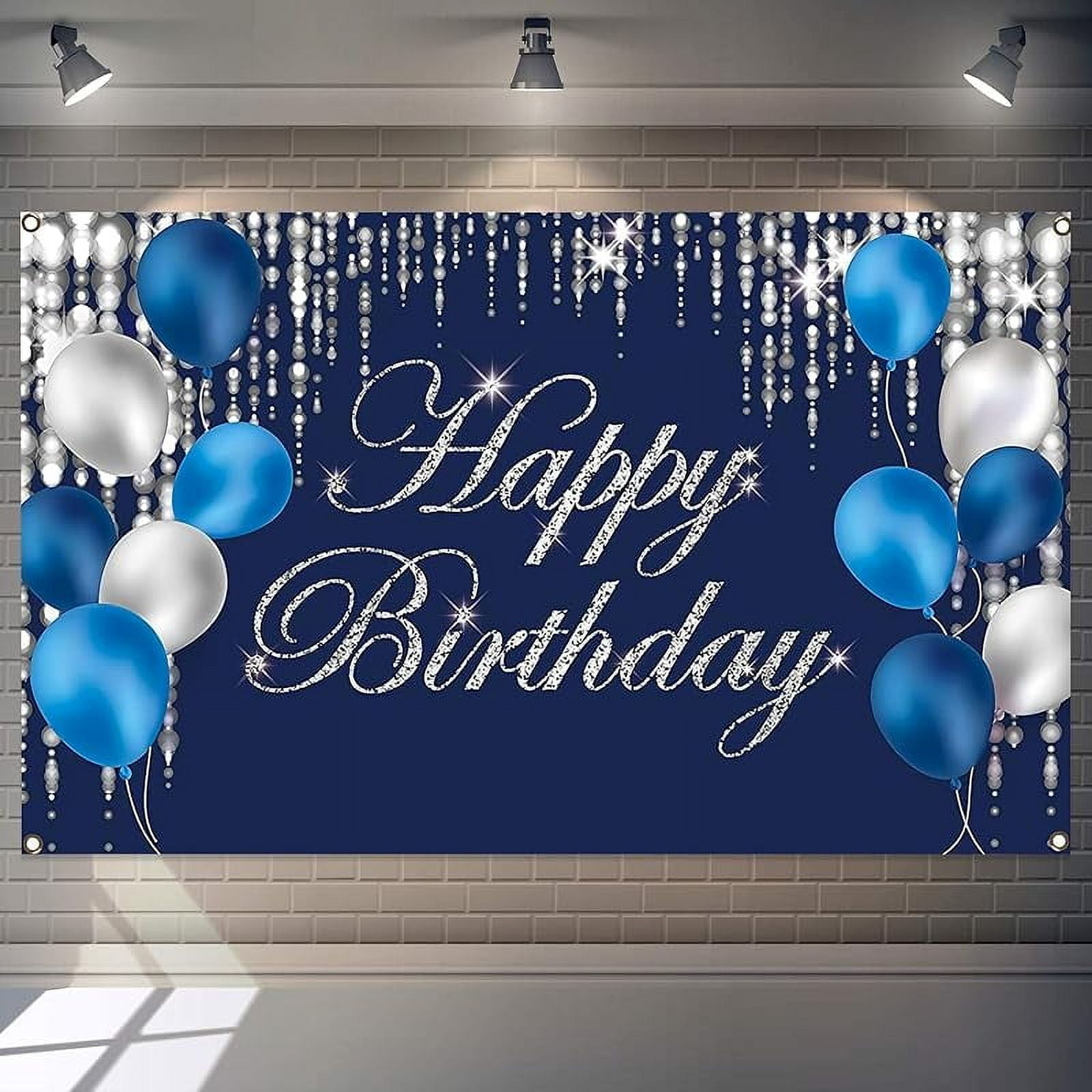 Happy Birthday Backdrop Navy Blue and Silver Happy Birthday Sign Blue Happy Birthday Banner ...