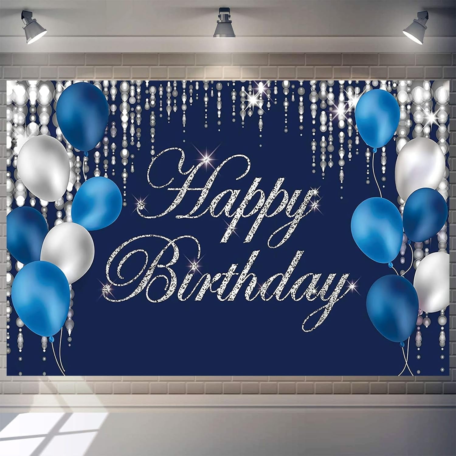 Happy Birthday Backdrop Navy Blue and Silver Happy Birthday Sign Blue ...