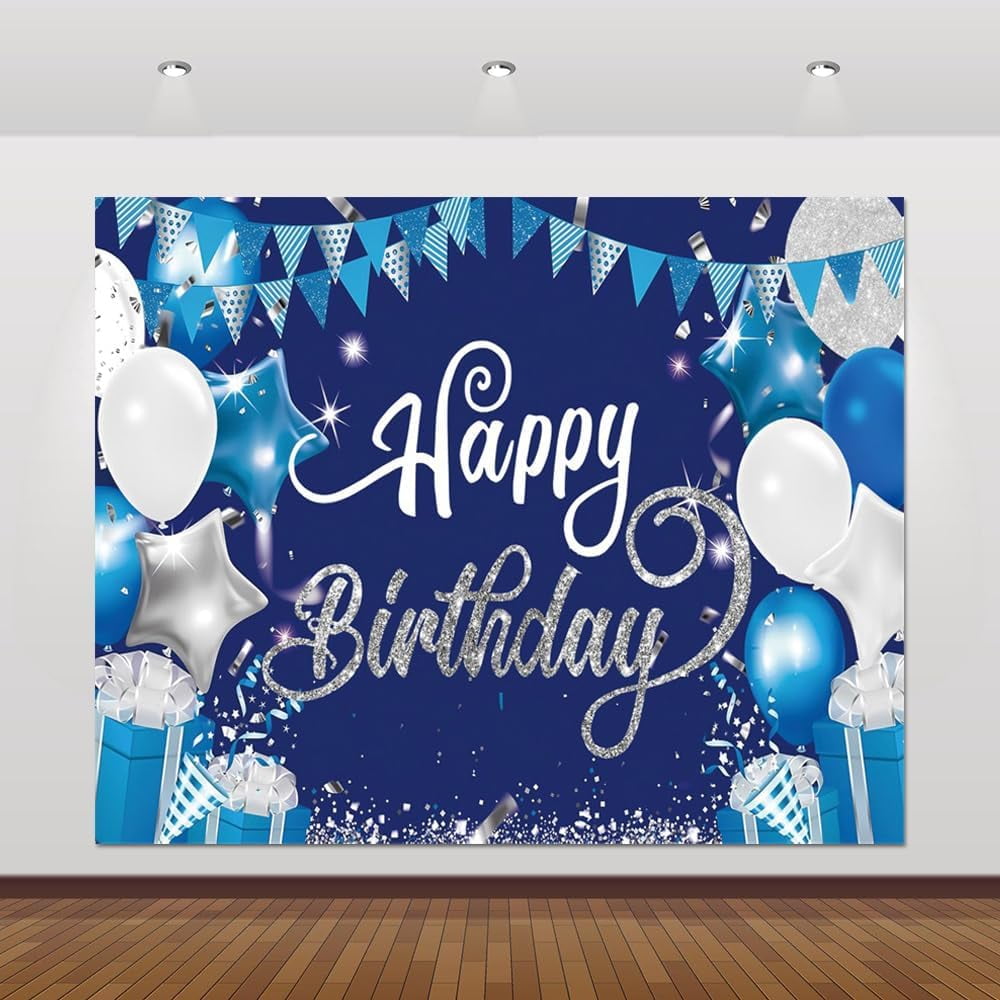 Happy Birthday Backdrop Navy Blue and Silver Happy Birthday Sign Banner Birthday Party ...