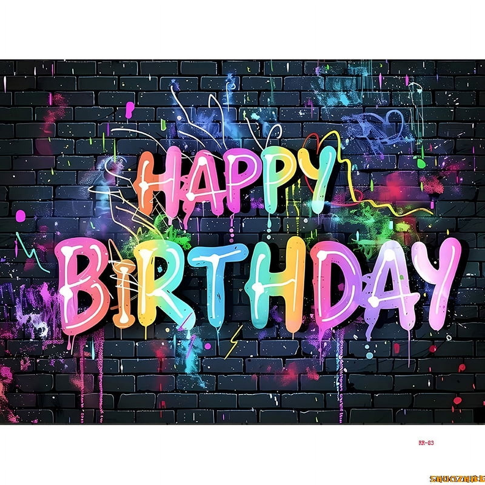 Happy Birthday Backdrop Neon Glow Party Brick Wall Splatter Graffiti ...