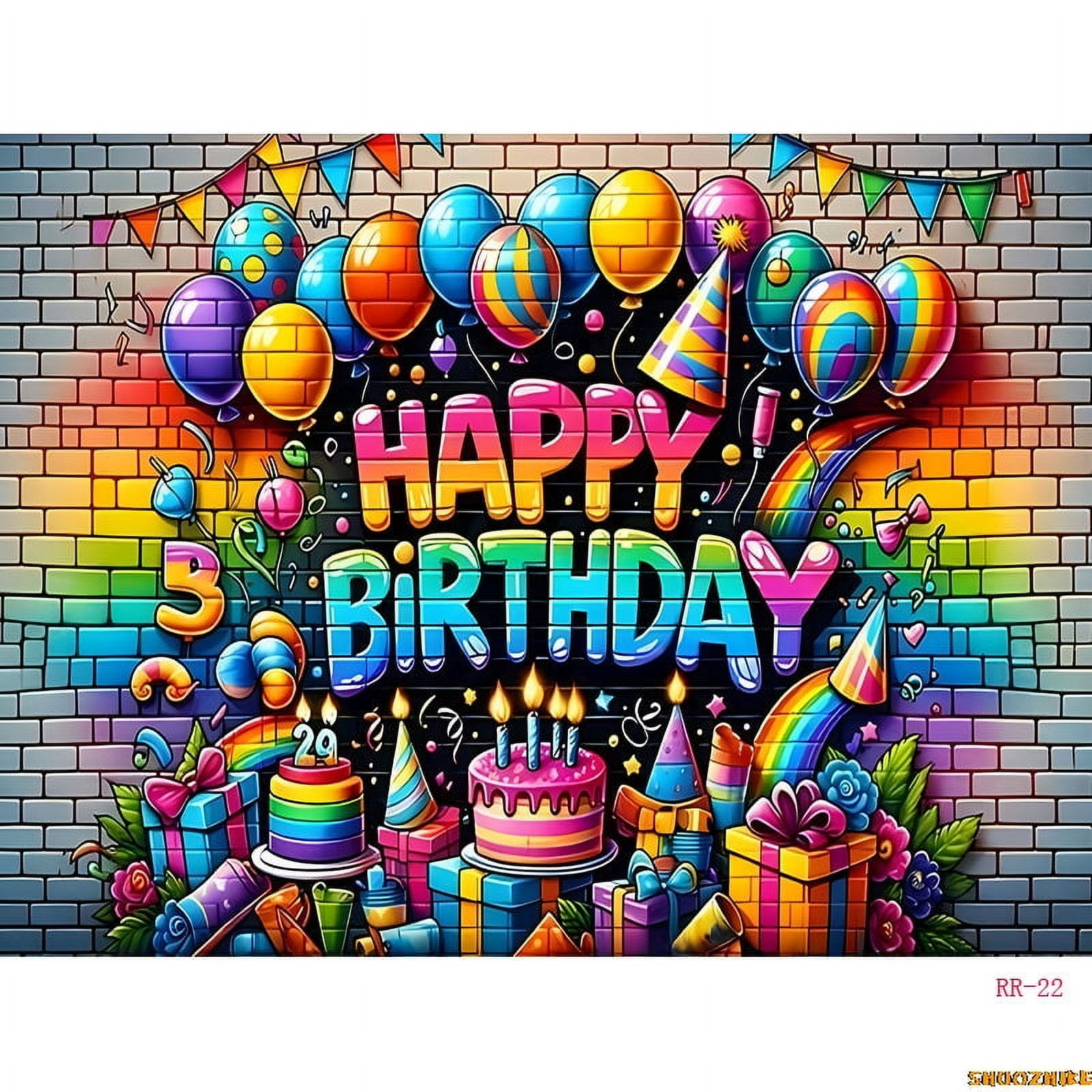 Happy Birthday Backdrop Neon Glow Party Brick Wall Splatter Graffiti ...