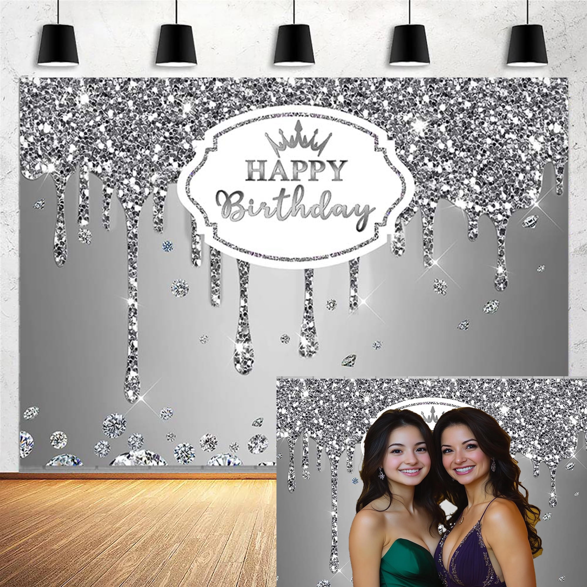 Happy Birthday Backdrop Photograph Dripping Glitter Crystal Diamond Silver Photo Background ...