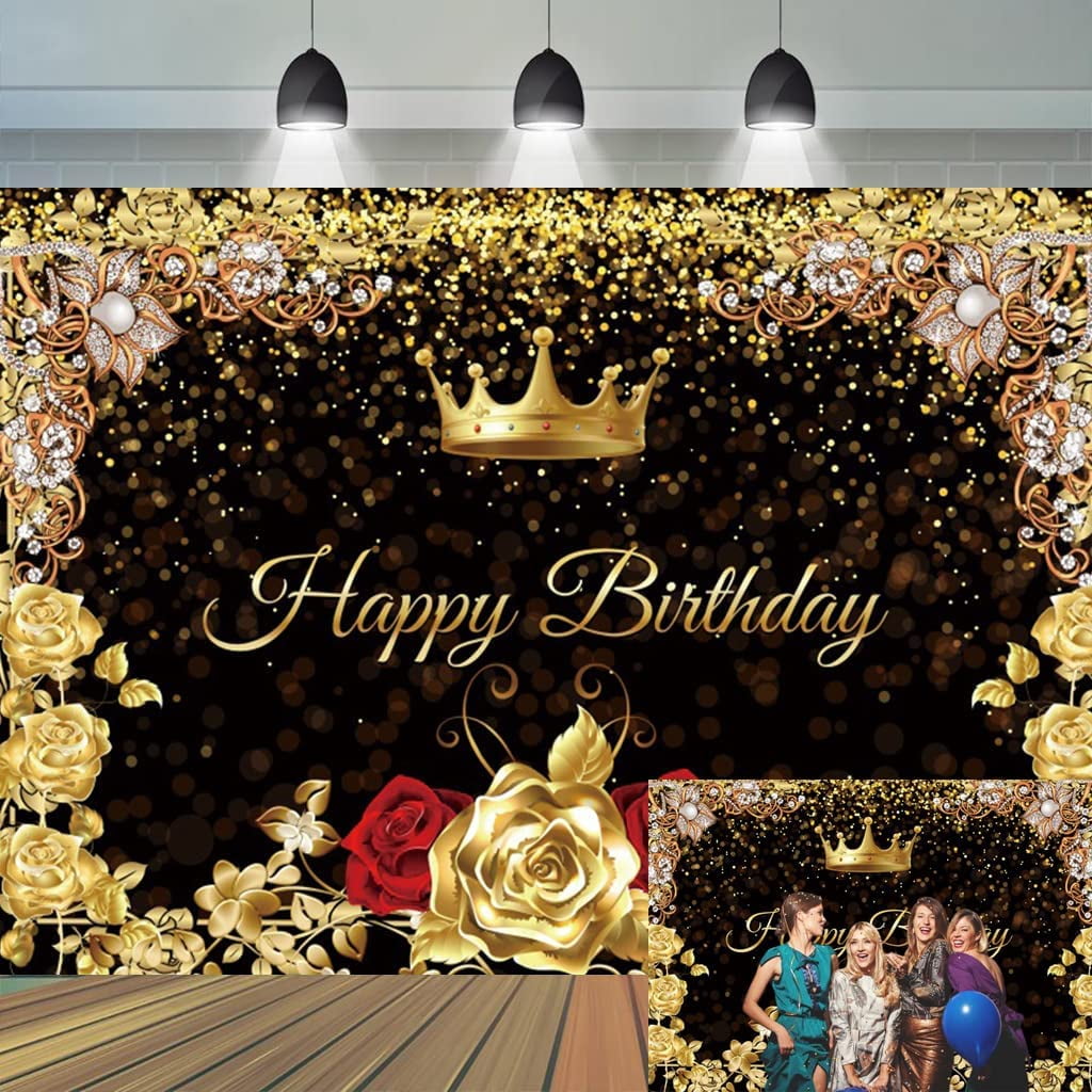 Happy Birthday Backdrop Photography Black and Gold Birthday Photo ...
