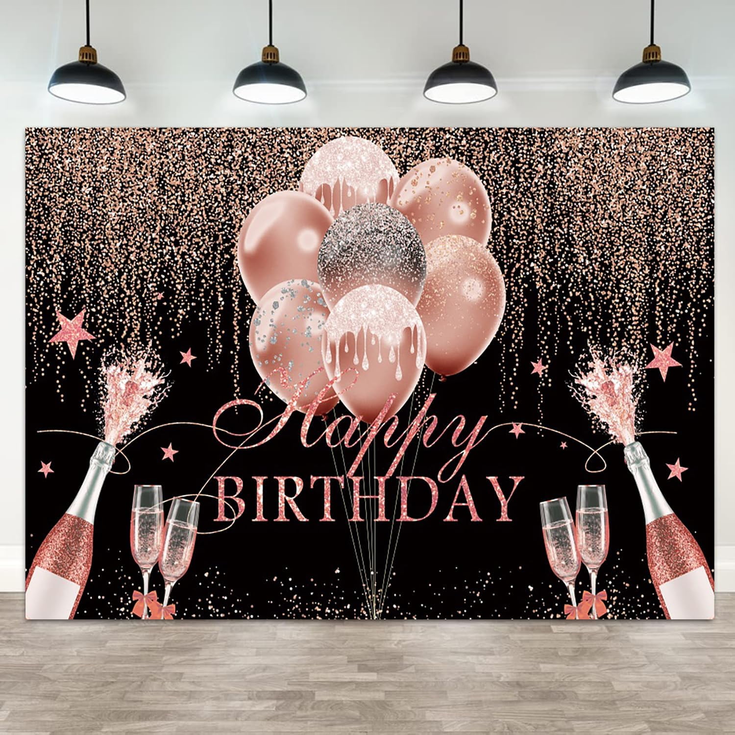 Happy Birthday Backdrop Pink Balloon Champagne Photography Background ...