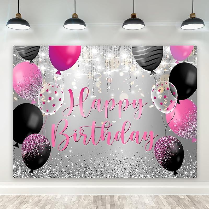 Happy Birthday Backdrop Pink Black Sliver Balloon Diamond Sparkle Girls ...