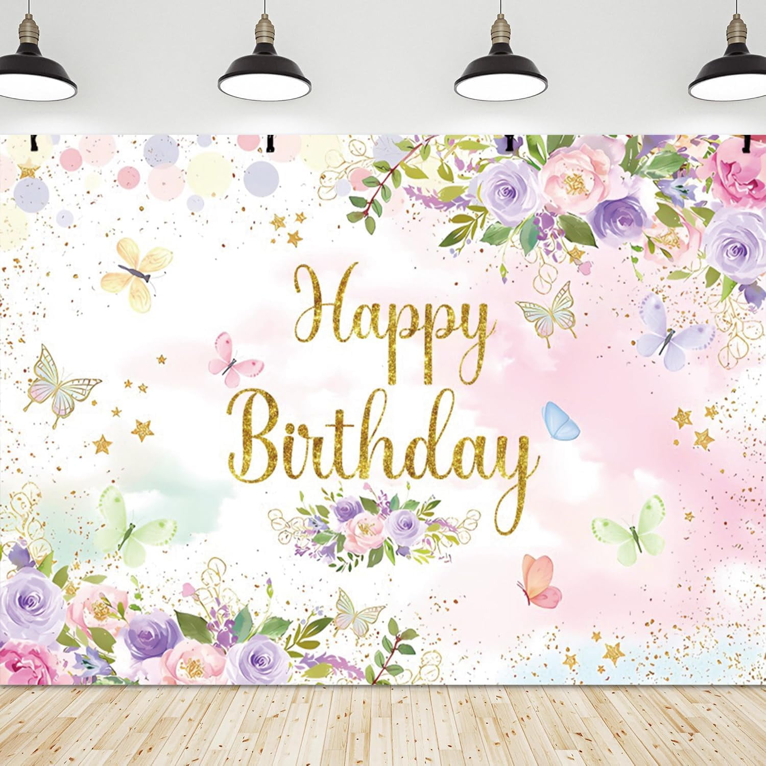 Happy Birthday Backdrop Pink Purple Floral Flower Butterfly Glitter ...