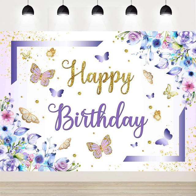 Happy Birthday Backdrop Purple Butterfly Birthday Backdrop Purple ...