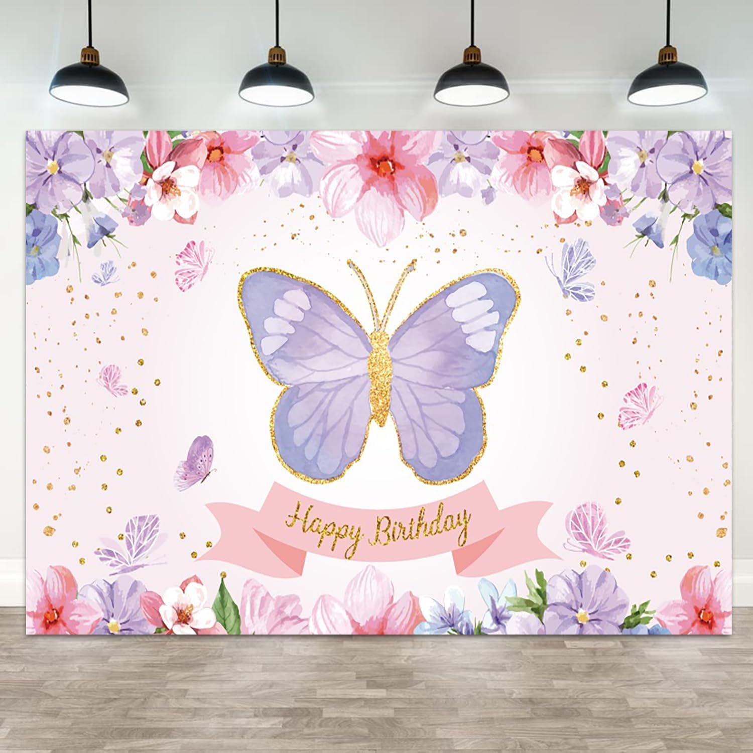 Happy Birthday Backdrop Purple Butterfly Theme Photography Background ...