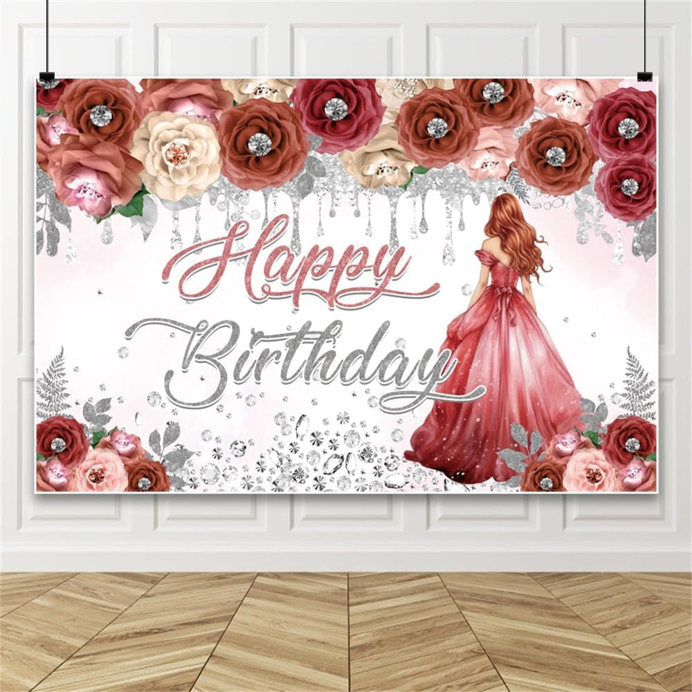Happy Birthday Backdrop Red Beige Pink Rose Floral Diamond Print ...