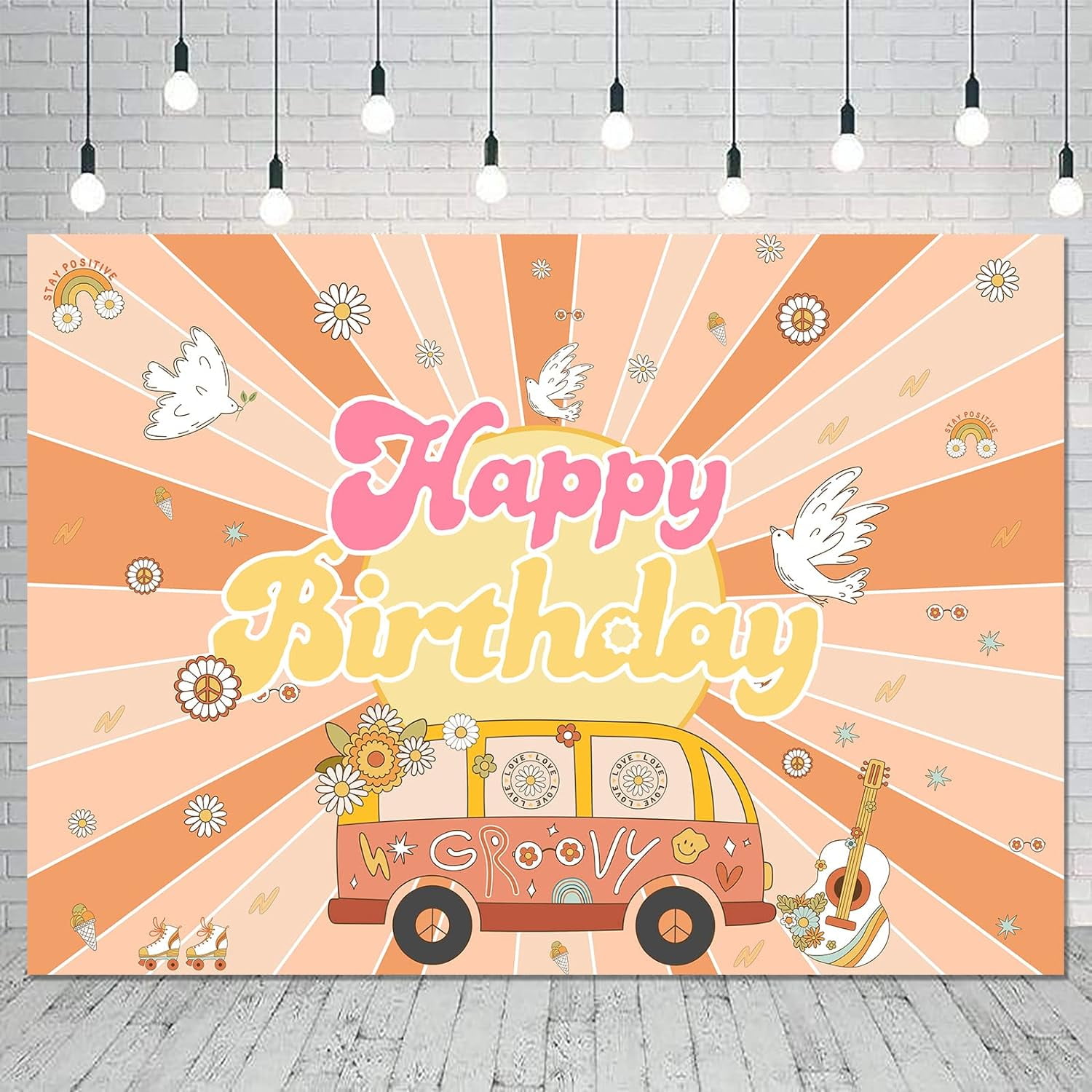Happy Birthday Backdrop Retro 70s Hippie Theme Birthday Background ...
