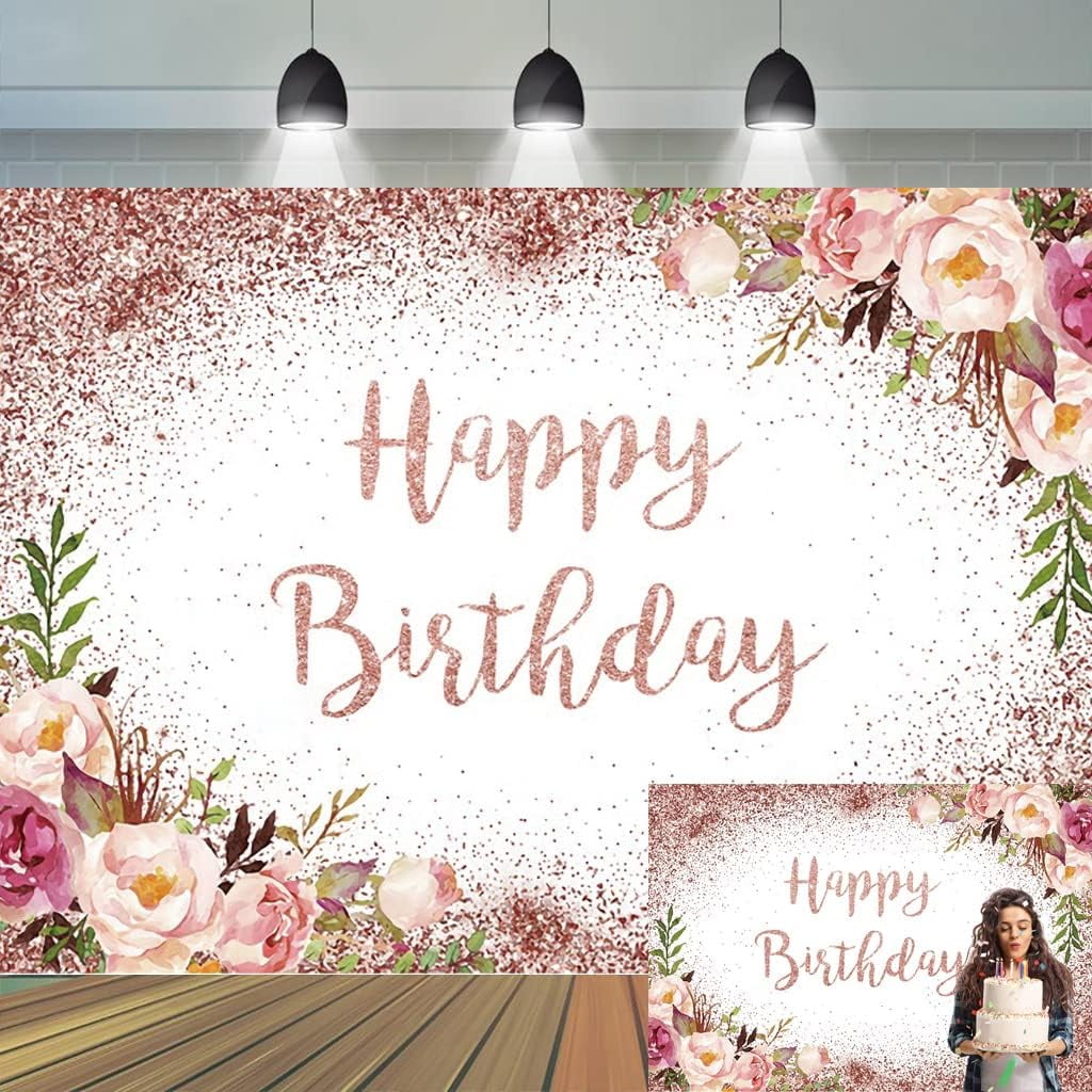 Happy Birthday Backdrop, Rose Gold Shining Birthday Background, Floral ...