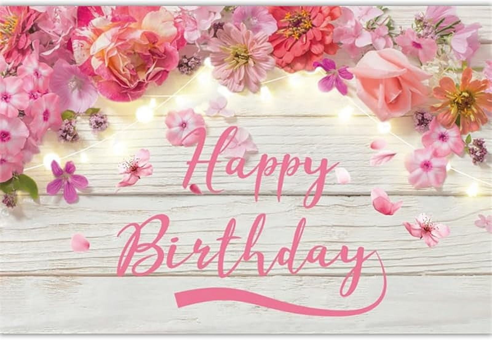 Happy Birthday Backdrop, Rustic Wood Pink Flower Photography Background for Women Girls, White ...