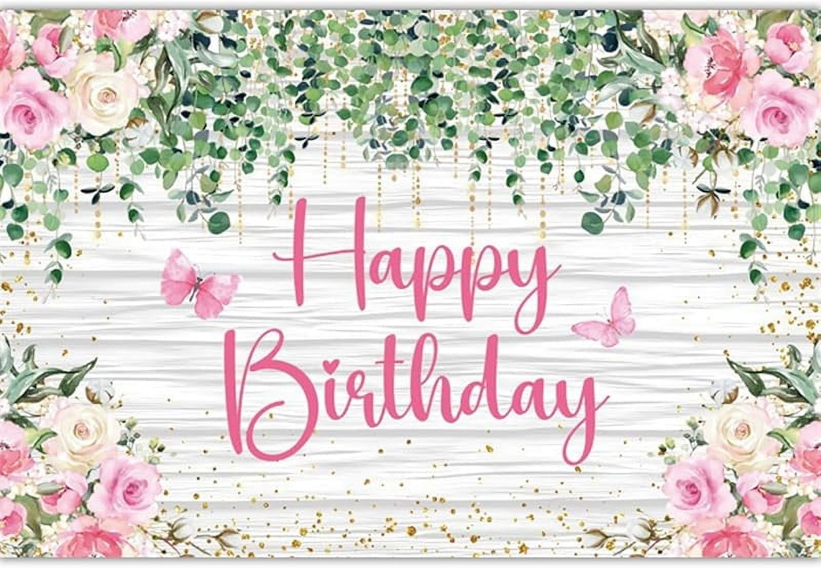 Happy Birthday Backdrop, Rustic Wood Pink Flower Photography Background for Women Girls, White ...