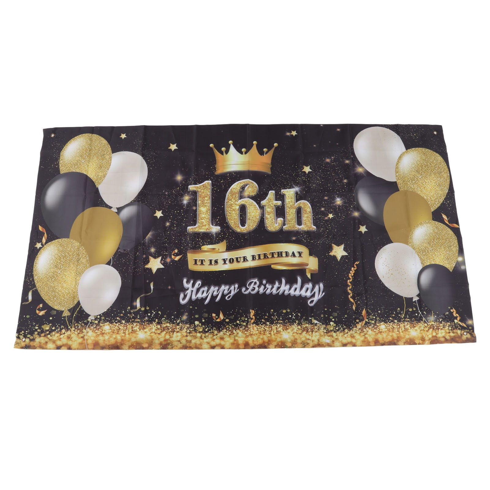 Happy Birthday Backdrop Washable Black Gold Balloon Fireworks Sign 16th ...