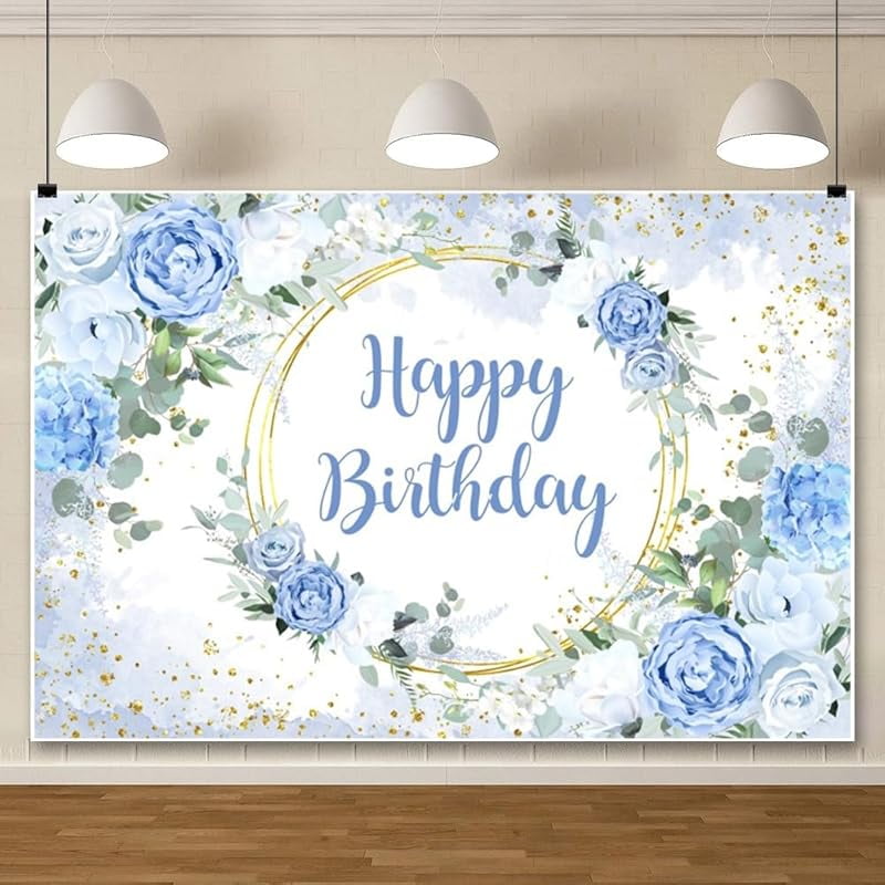 Happy Birthday Backdrop Watercolor Blue Floral Rose Botanical Flower ...