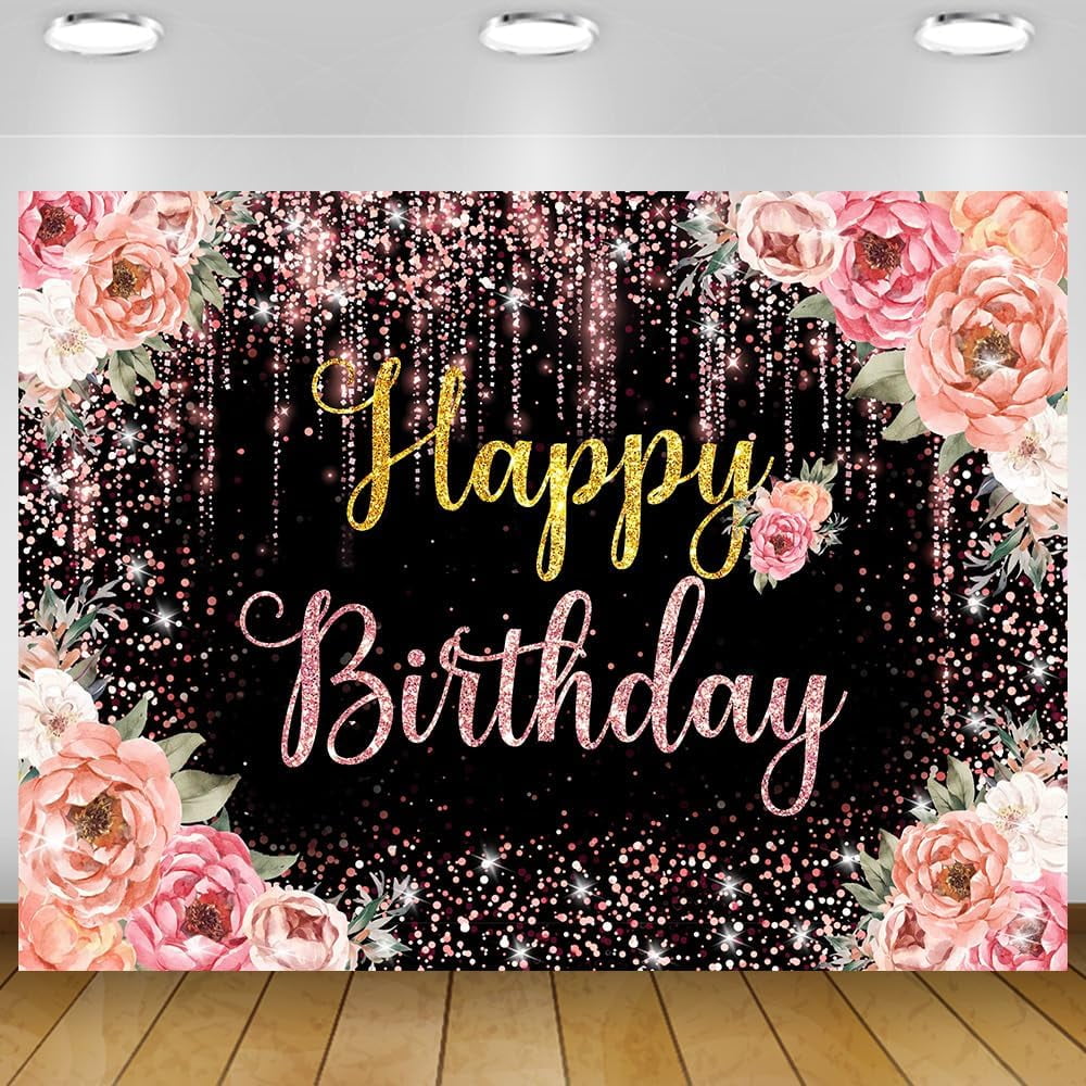 Happy Birthday Backdrop for Women Bokeh Spots Pink Floral Birthday ...