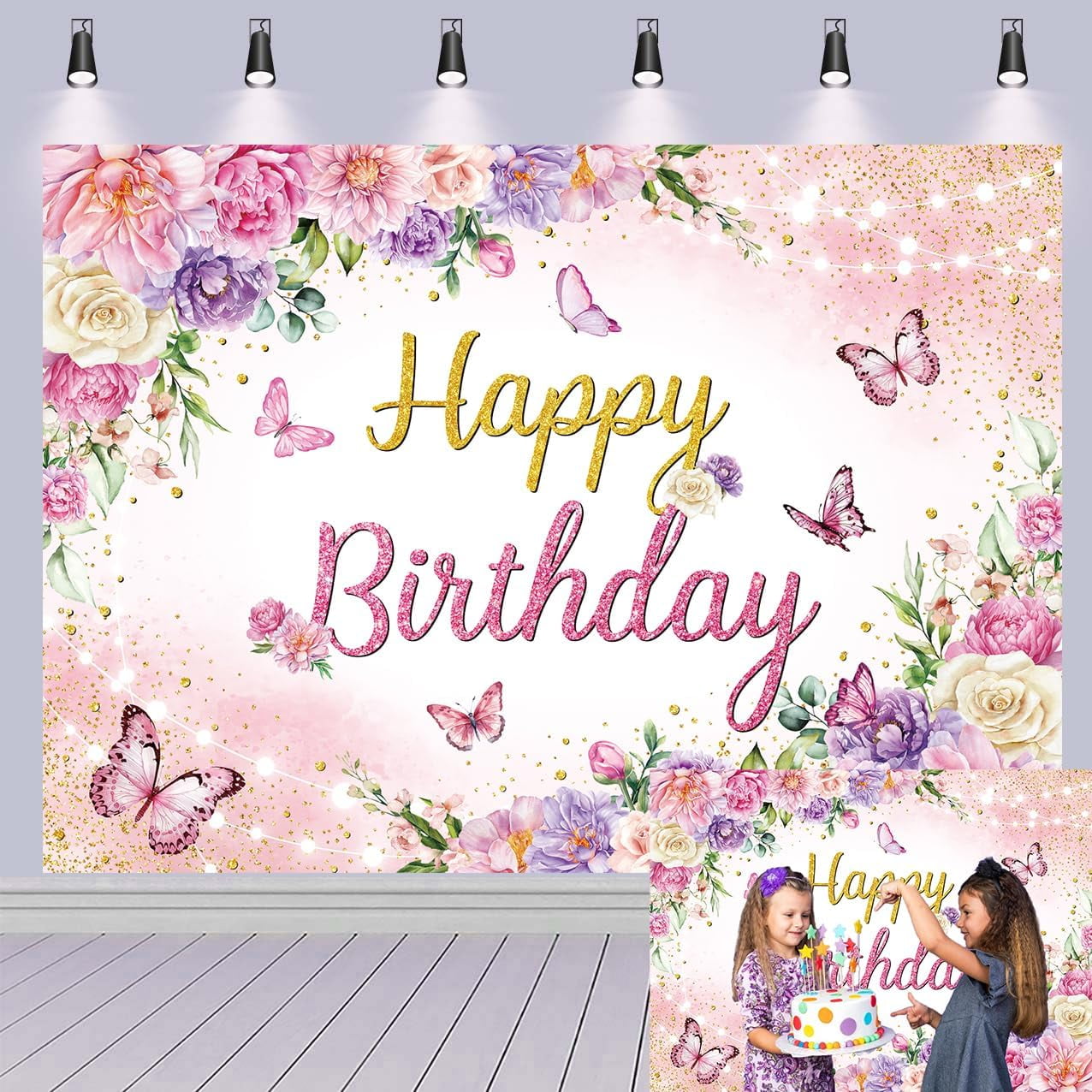 Happy Birthday Backdrop for Women Girls Pink Purple Floral Butterfly ...