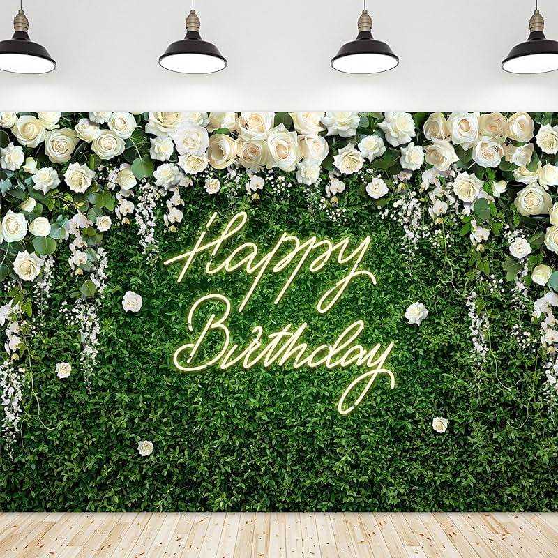 Happy Birthday Backdrop for Women Neon Flower Wall White Rose Green ...