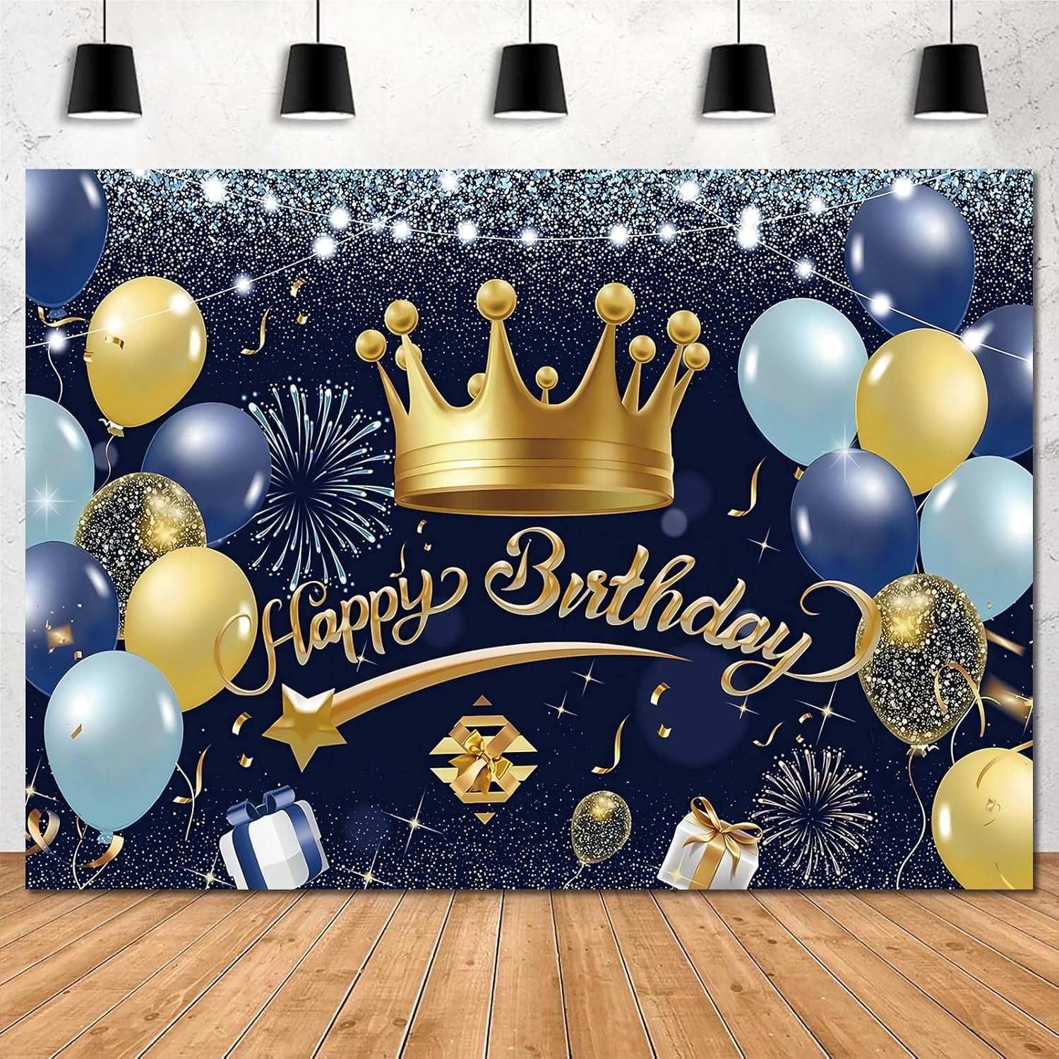 Happy Birthday Backdrop for Men Boys Blue and Gold Crown Background Photography Supplies Banner ...
