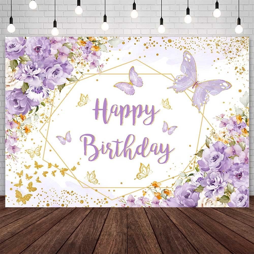 Happy Birthday Backdrop for Women Purple Butterfly Floral Birthday ...