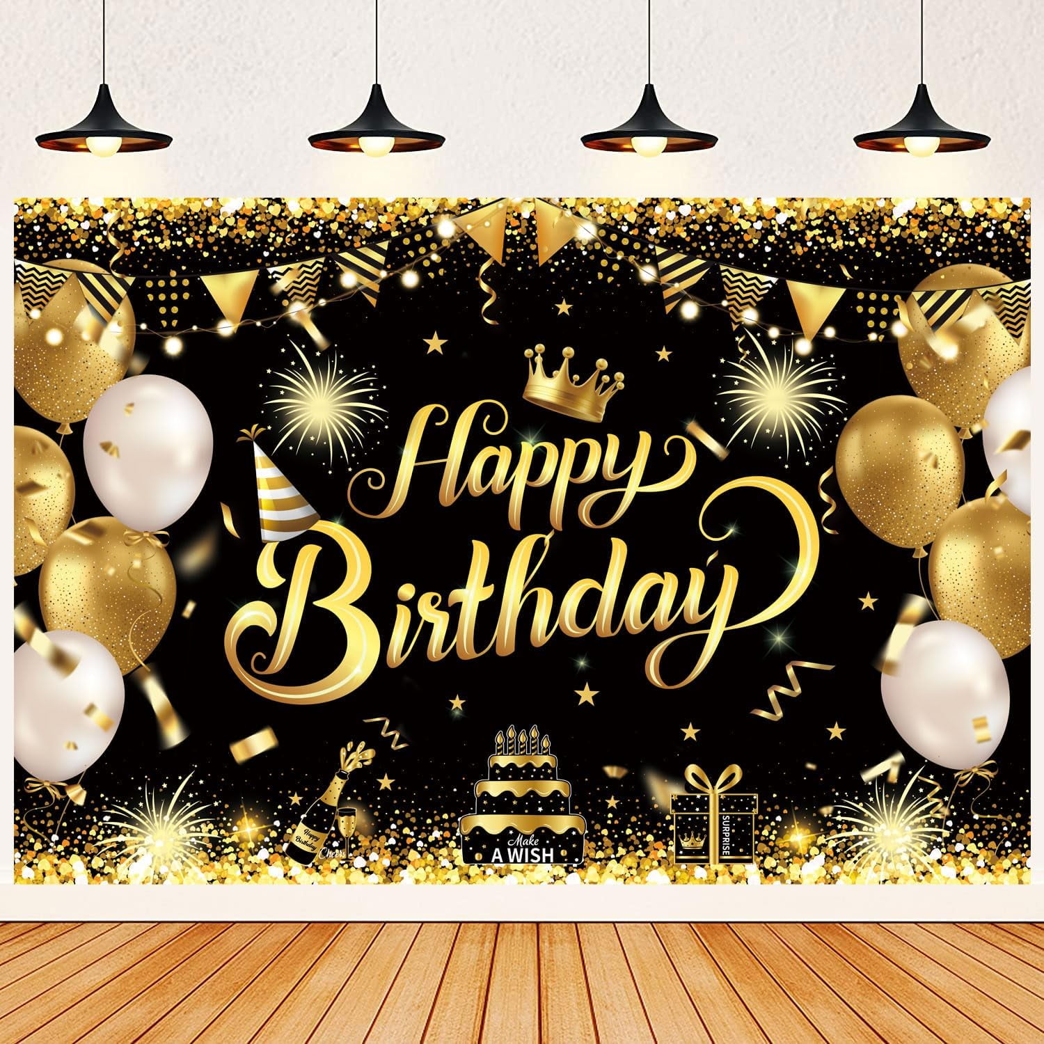 Happy Birthday Backdrops for Men Women, Black Gold Large Banner Cloth ...