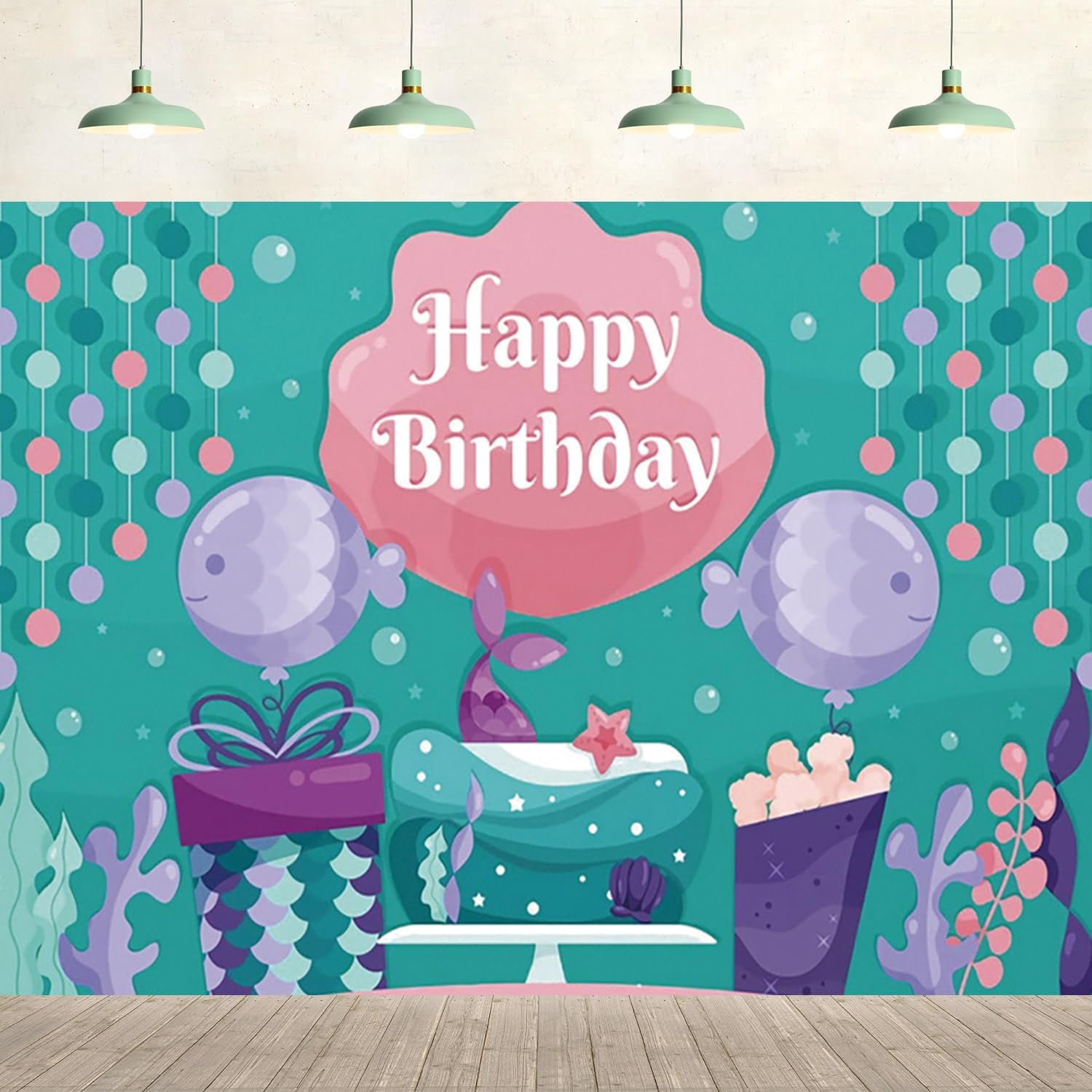 Happy Birthday Background Under The Sea Mermaid Cartoon Fish Balloon ...