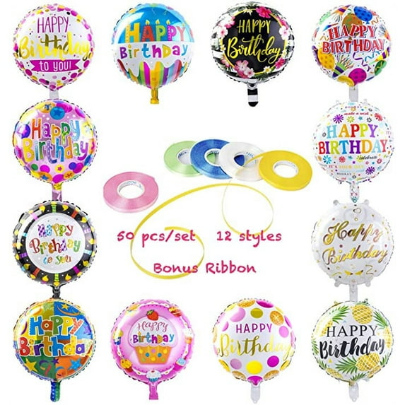 Happy Birthday Balloons, 18 in, 50 pcs with Ribbons - Walmart.com