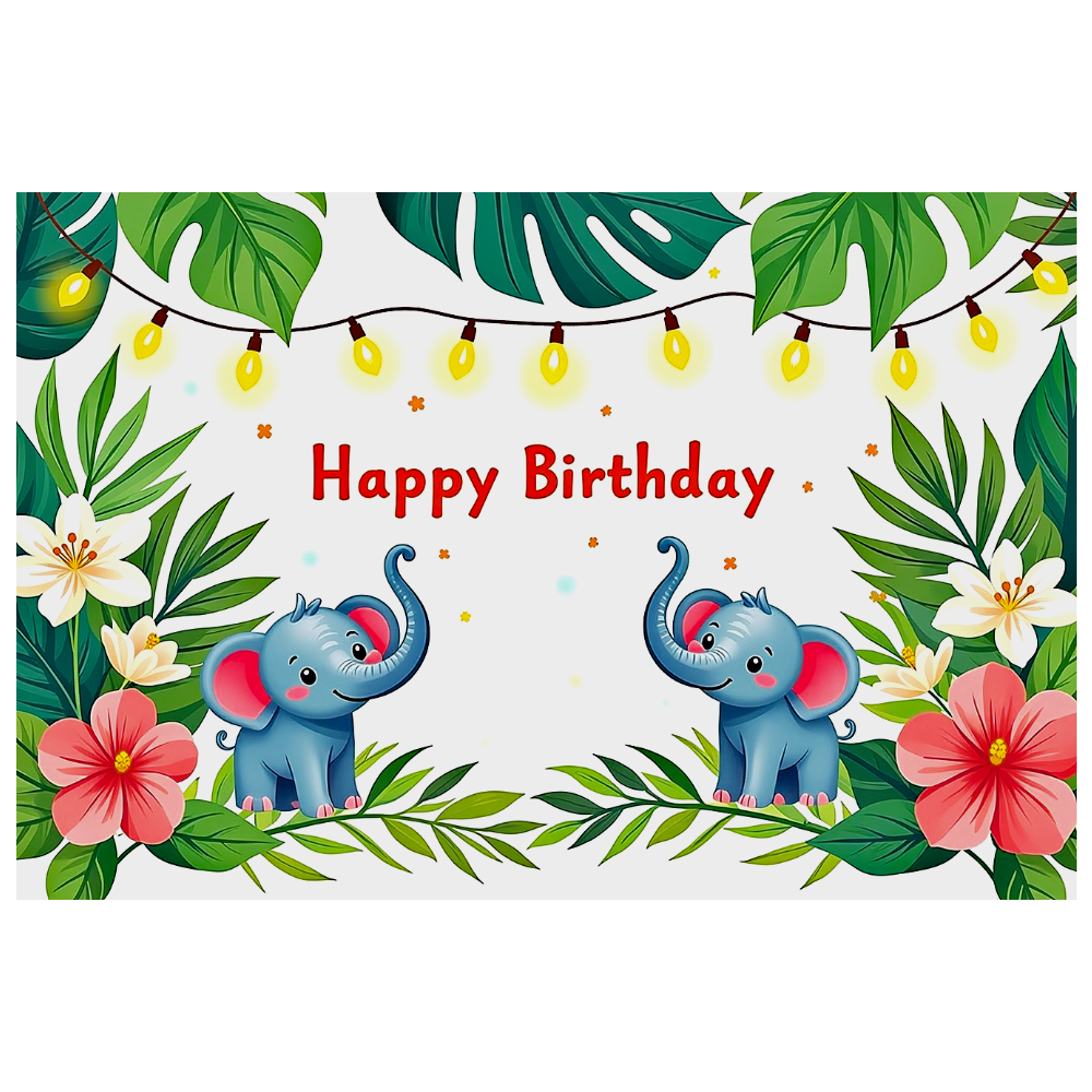 Happy Birthday Banner with Adorable Blue Elephants Tropical Leaves and ...