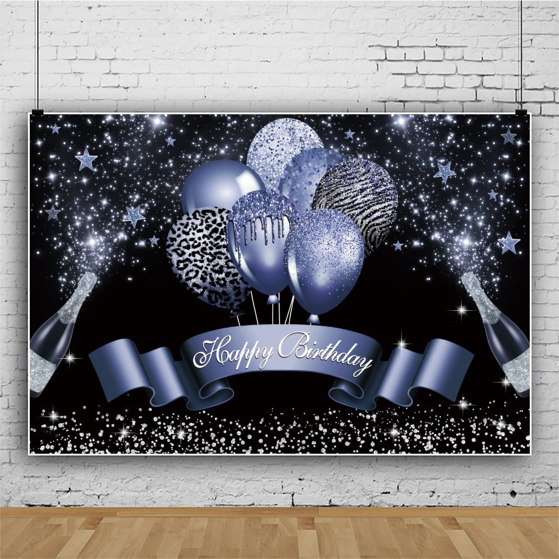 Happy Birthday Banner Backdrop, Black Blue Birthday Backdrop Sign ...
