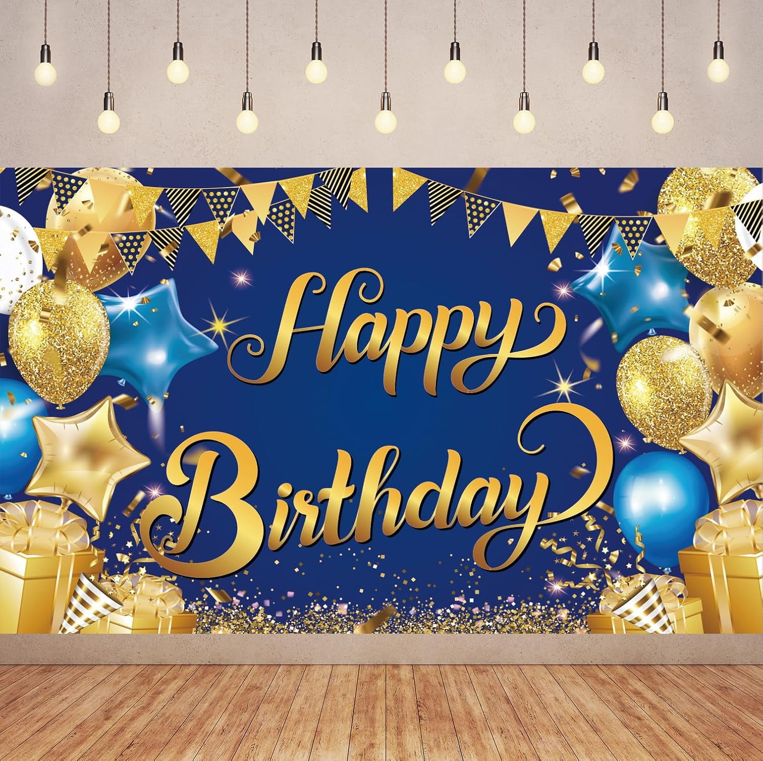 Happy Birthday Banner Backdrop,Blue Gold Happy Birthday Background - Walmart.com