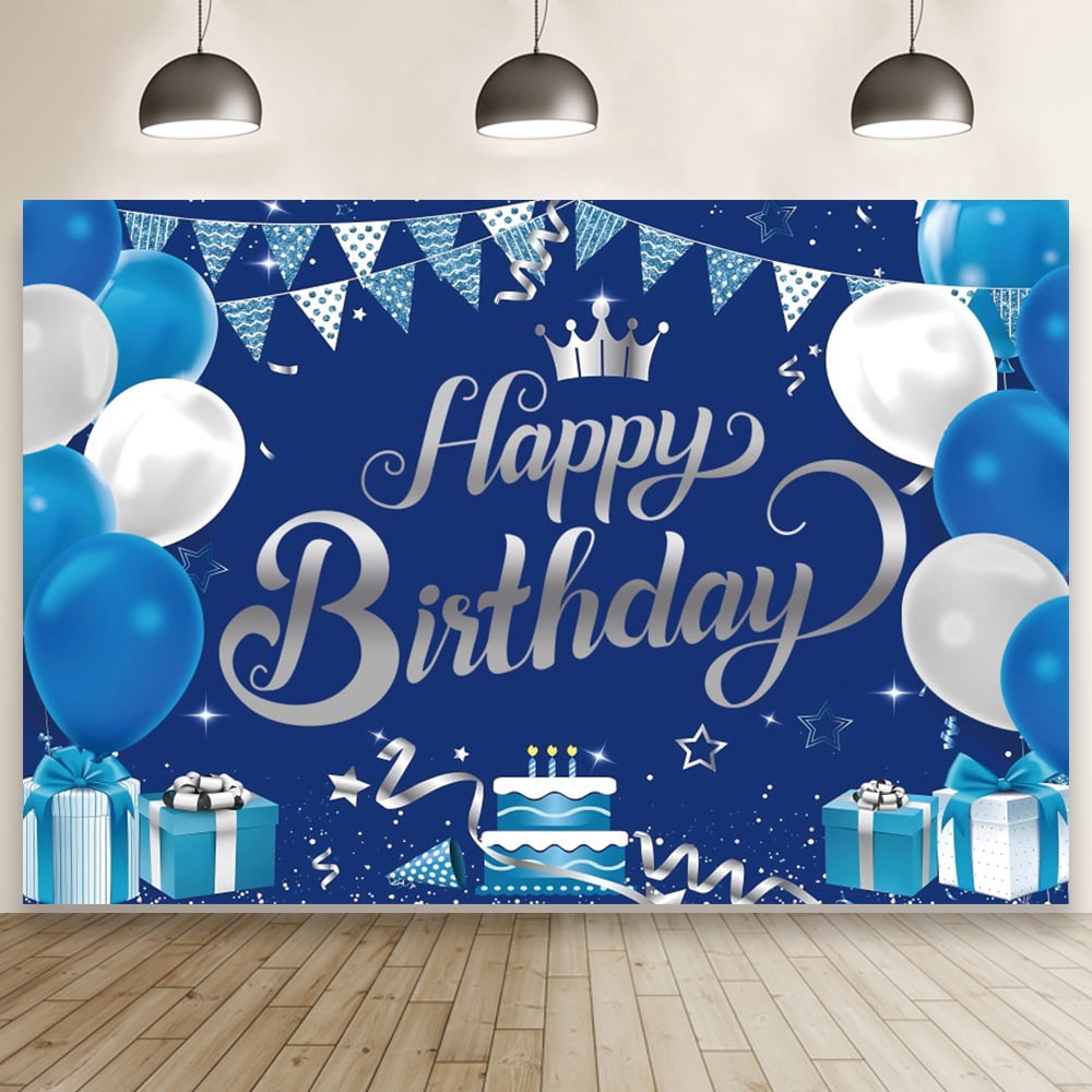 Happy Birthday Banner Backdrop, Blue Silver Birthday Backdrop Sign, Birthday Party Supplies ...