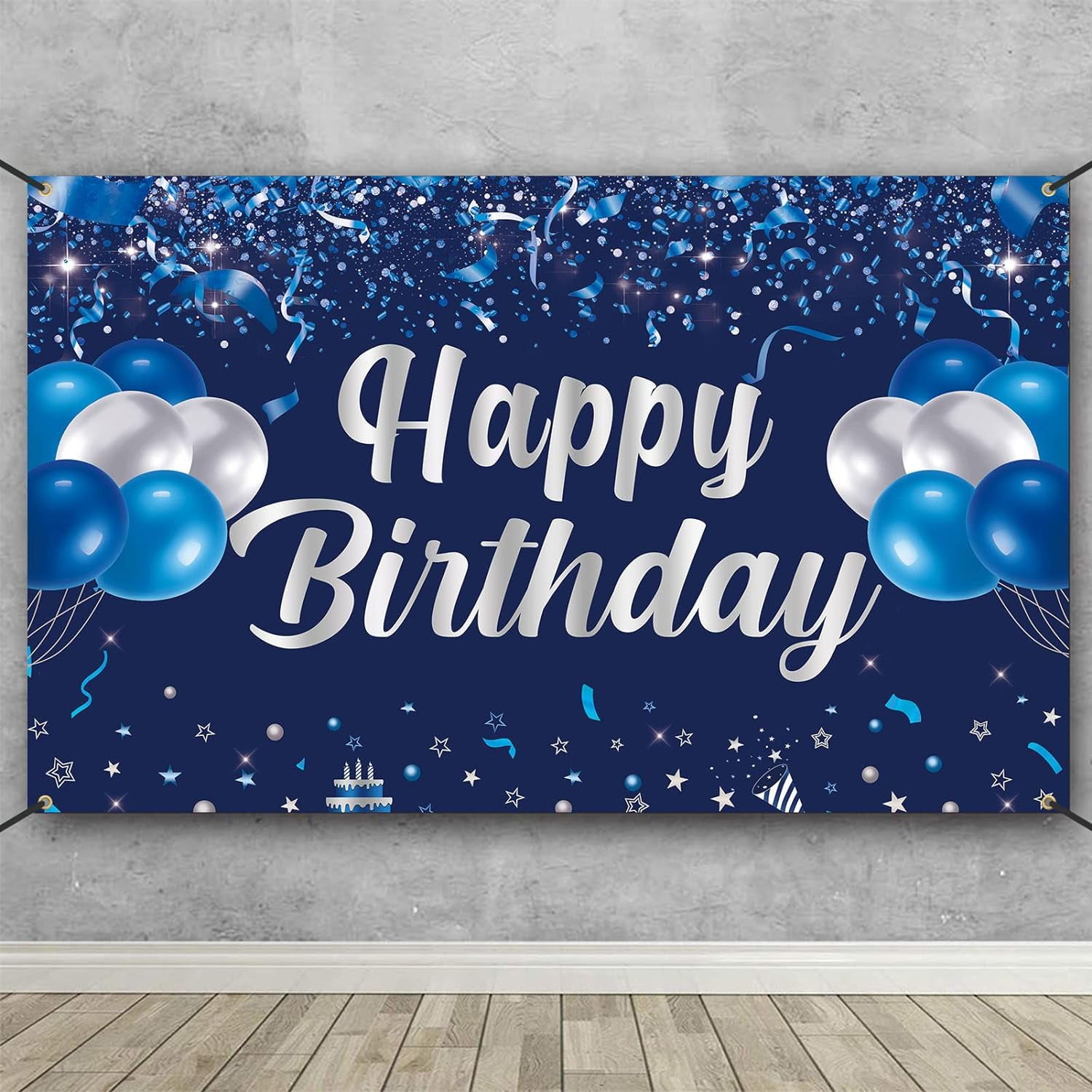 Happy Birthday Banner Backdrop, Blue and Silver Birthday Party Decorations, Birthday Party Photo ...
