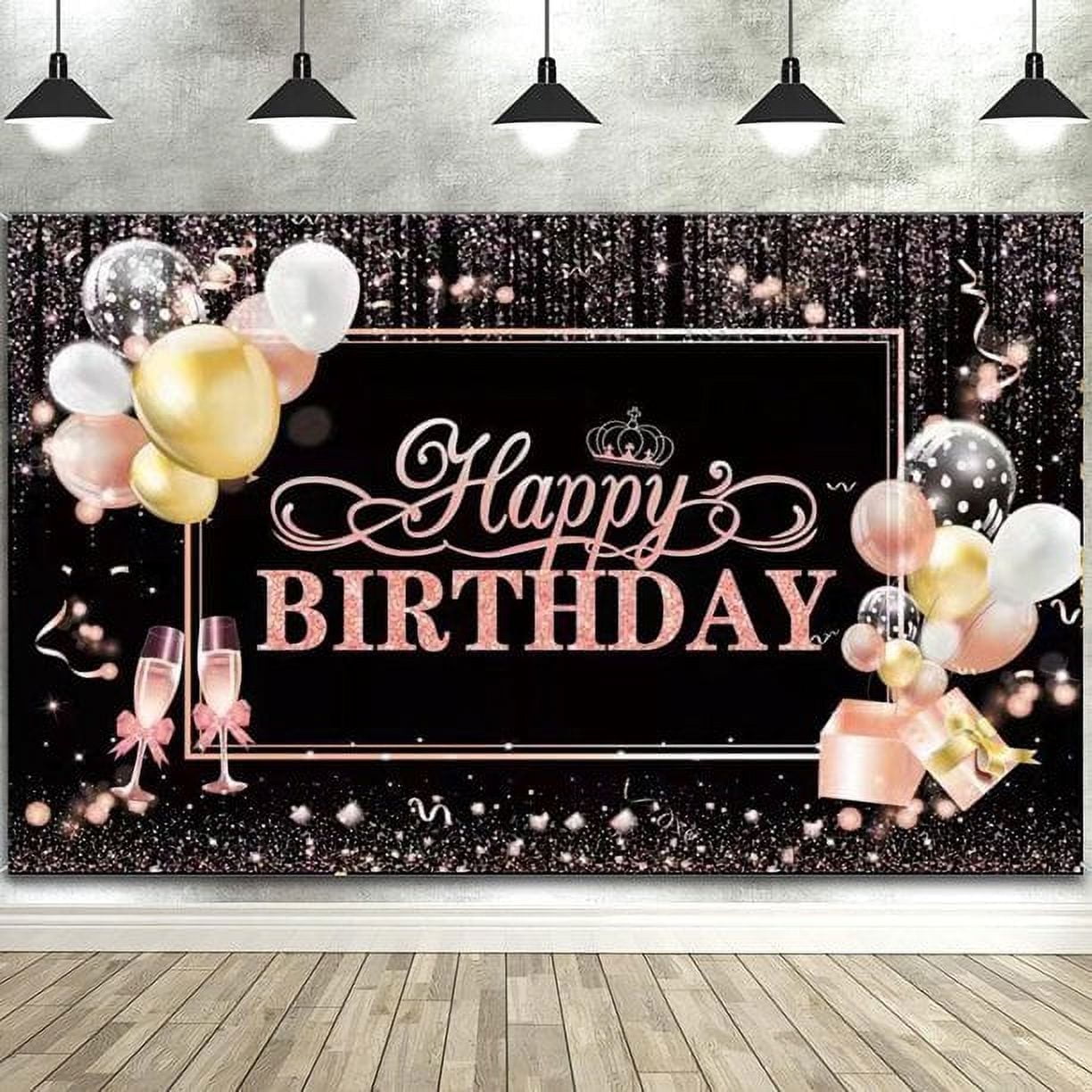 "Rose Gold Happy Birthday Backdrop for Women, Glitter Banner, Party ...