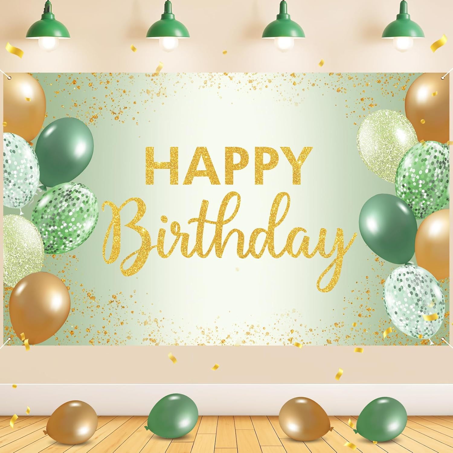 Happy Birthday Banner Backdrop, Green Gold Birthday Backdrop Sign ...