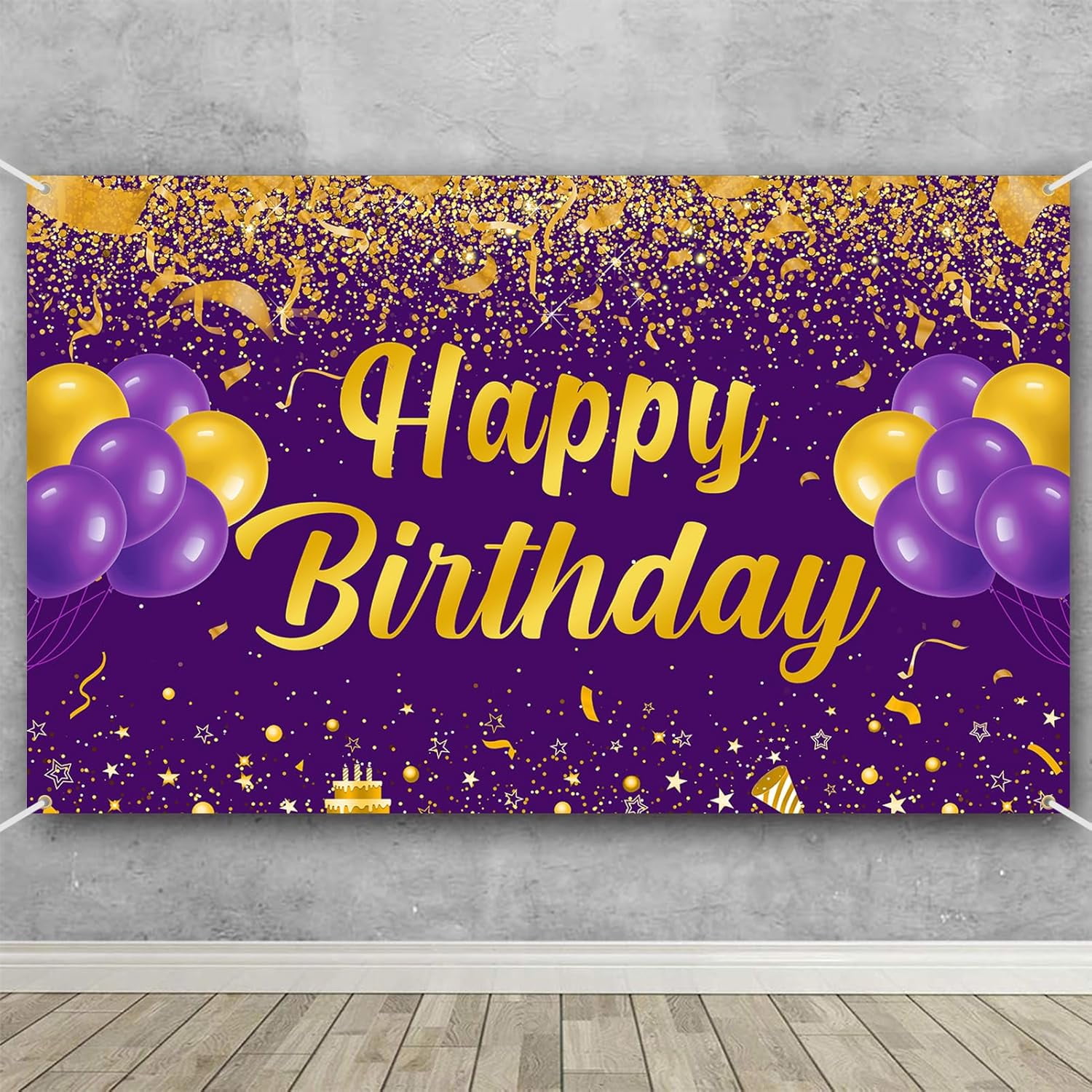 Happy Birthday Banner Backdrop, Purple Gold Birthday Party Decorations ...