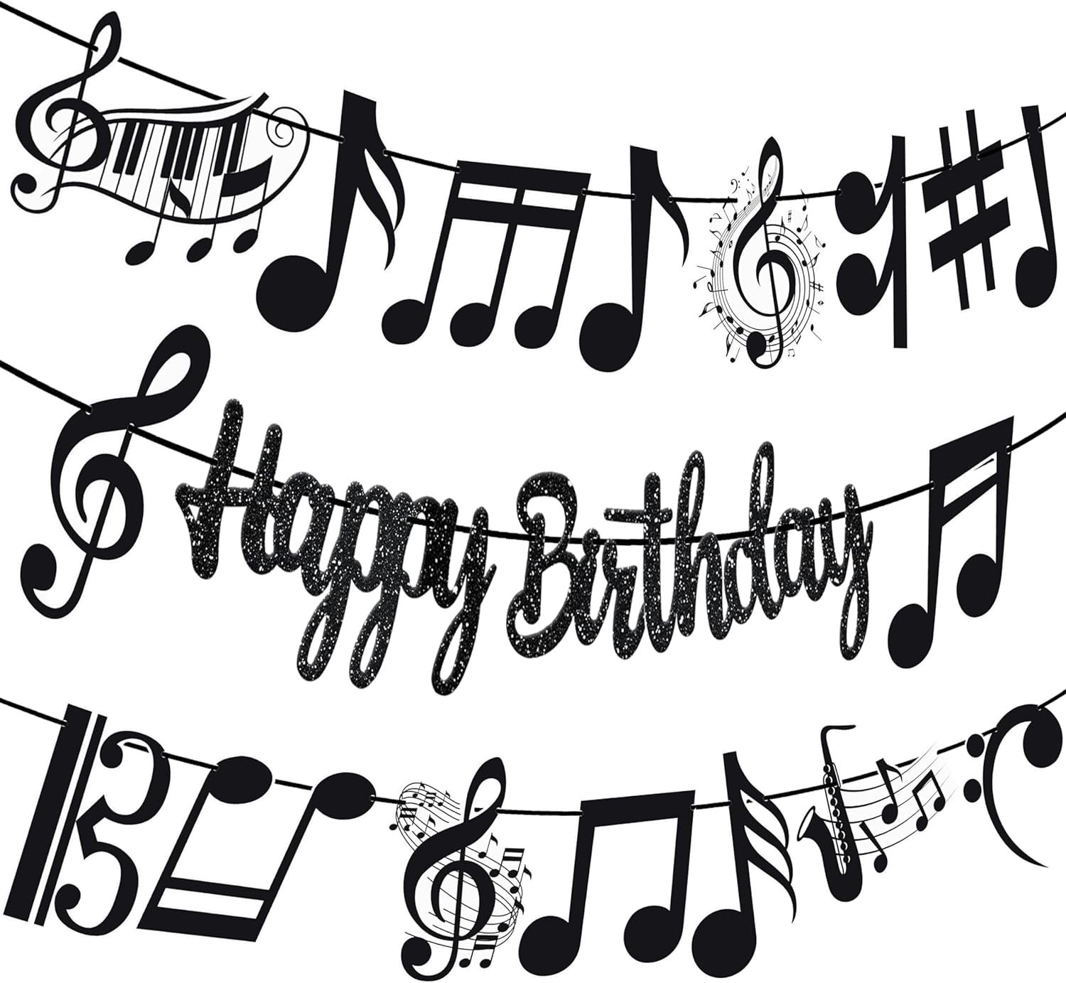 Happy Birthday Banner - Black Musical Party Decorations for Piano Theme ...