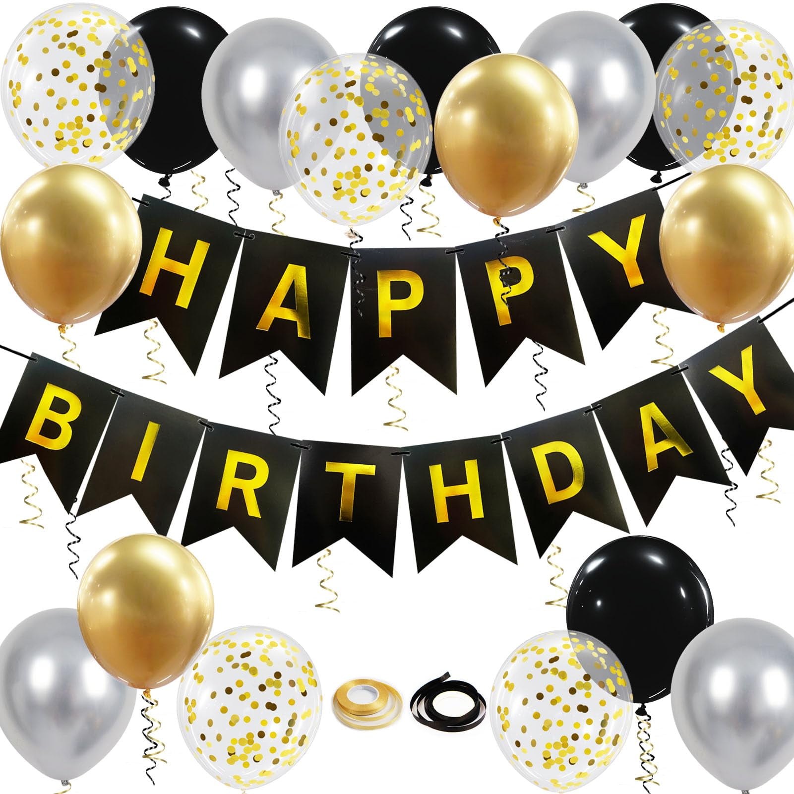 Happy Birthday Banner, Black SSF20 Gold Birthday Decoration, 16 Pcs ...