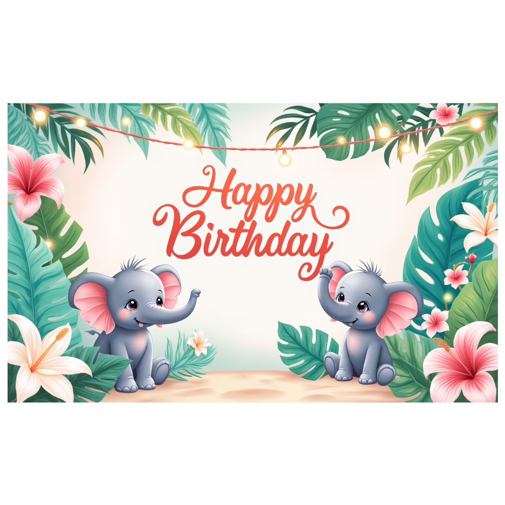 Happy Birthday Banner Elephant Decoration Tropical Leaves Polyester ...