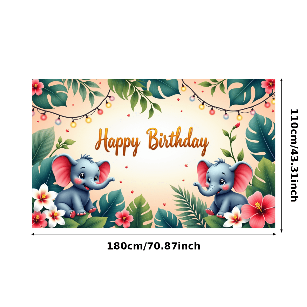 Happy Birthday Banner Elephant Decoration Tropical Leaves Polyester ...