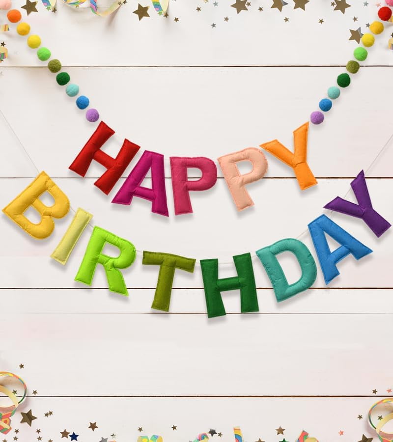 Happy Birthday Banner Felt Ball Garland Colorful Dainty Pre-Strung ...